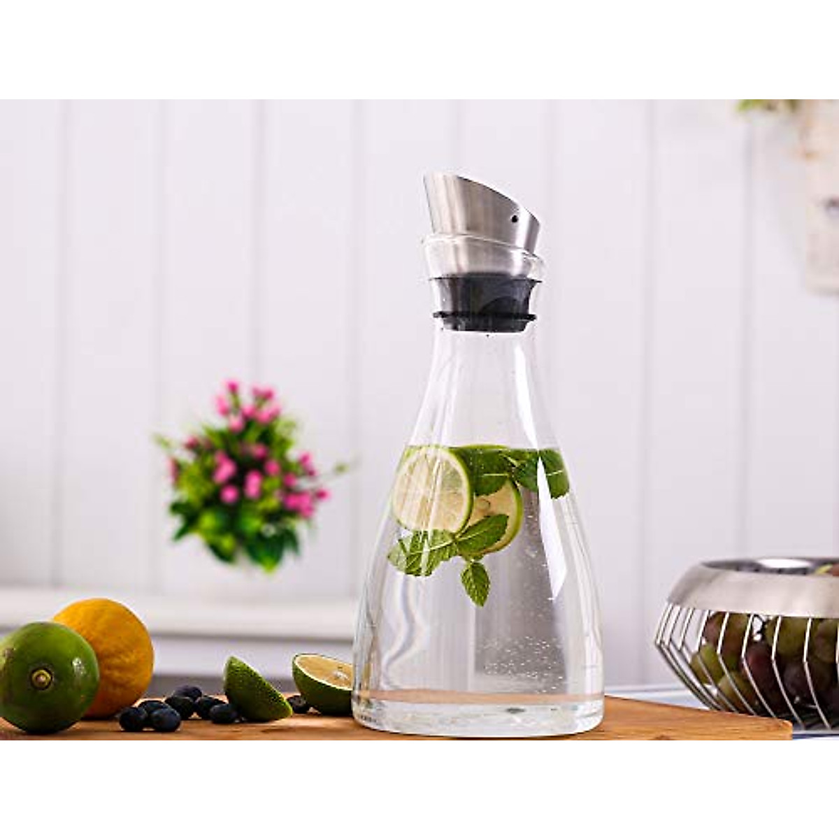 Purefold 40 Ounce Glass Carafe with Drip-Free Stainless Steel Lid, Ice Tea Pitcher, Juice jar, Tea & Coffee Maker, Perfect Drinkware for Hot and Cold Water Pitcher