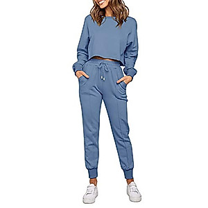 ZESICA Women's Long Sleeve Crop Top and Pants Pajama Sets 2 Piece Jogger Long Sleepwear Loungewear Pjs Sets,Blue,Large