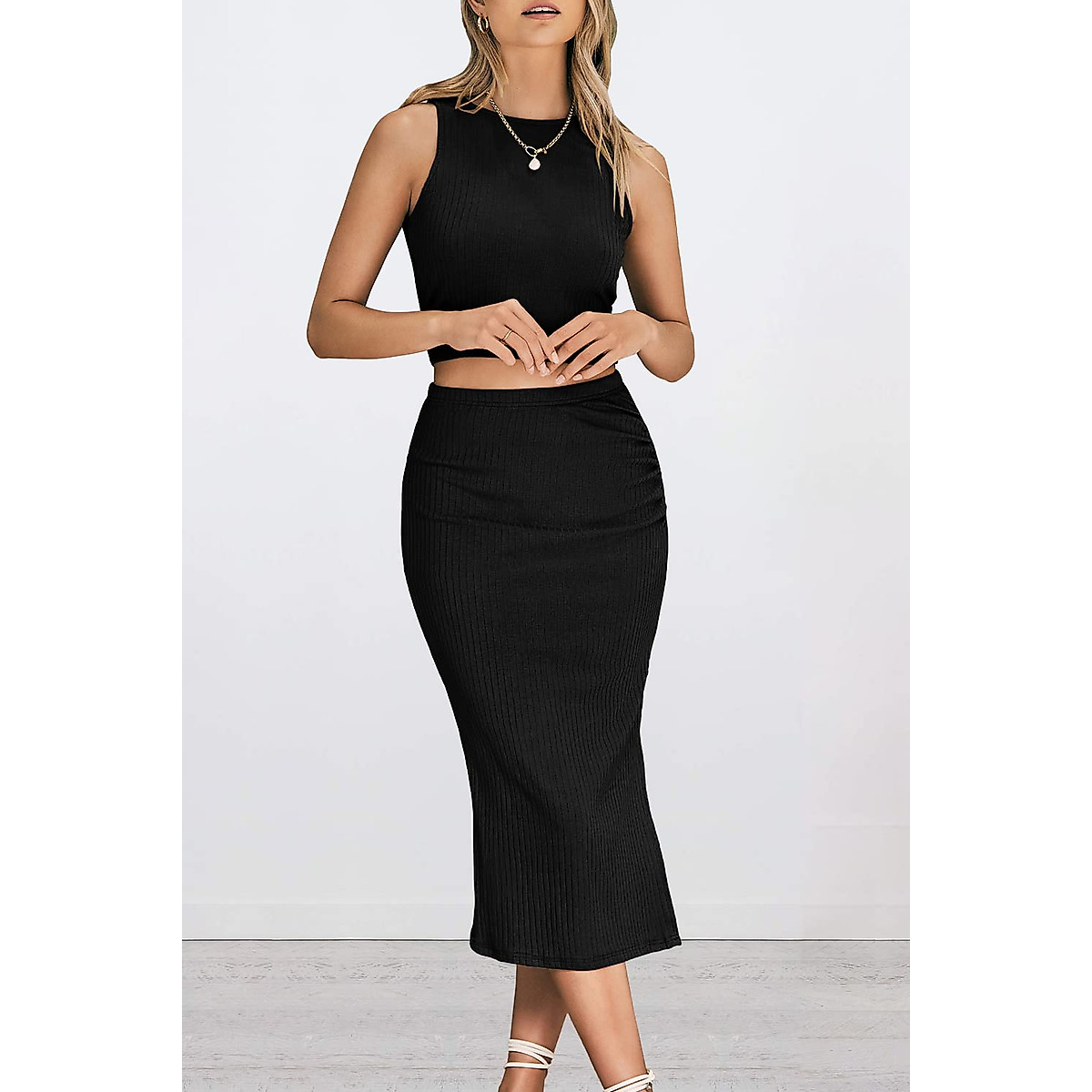 PRETTYGARDEN Women's 2 Piece Summer Outfits Crewneck Tank Tops Split Bodycon Midi Skirt Set (Black,Small)