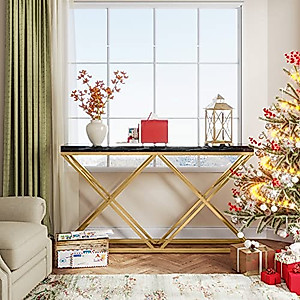 Tribesigns 55" Console Table, Modern Entryway Hallway Table with Diamond-Shaped Gold Metal Legs, Faux Marble Black Wood Sofa Table Foyer Table for Living Room, Entryway, Hallway, Black and Gold