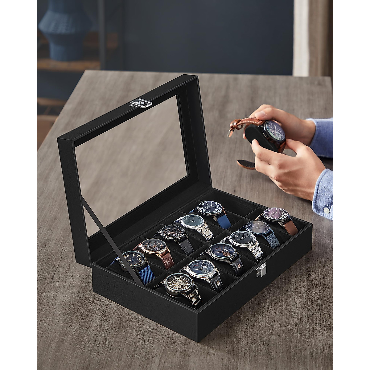 SONGMICS Watch Box, 12-Slot Watch Case with Large Glass Lid, Removable Watch Pillows, Watch Box Organizer, Gift for Loved Ones, Black Synthetic Leather, Black Lining UJWB012B01