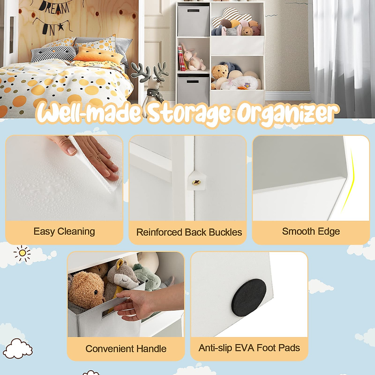 5-Cube Kids Toy Storage Cabinet, Freestanding Children Bookcase w/ 2 Foldable Storage Bins, Open Multi-Purpose Storage Display Organizer for Kids Room, Play Room, Hallway, Nursery