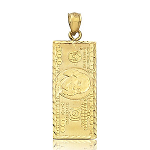 LoveBling 10K Yellow Gold Hundred Dollar Bill, Benjamin Franklin, Back to Back Charm Pendant (1.45" x 0.47")