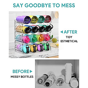 4 Tier Water Bottle Organizer - 16 Bottles, Stackable Cup Organizer for Cabinet, Countertop, Pantry & Fridge, Free-Standing Kitchen Tumbler Storage Holder for Wine and Drink Bottles, Clear Plastic