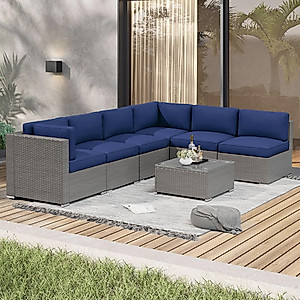Crownland 7-Pieces Outdoor Patio Furniture Sets, All-Weather Grey Wicker Rattan Sectional Sofa, Modern Glass Coffee Table and Washable Seat Cushion with YKK Zipper (Dark Blue)