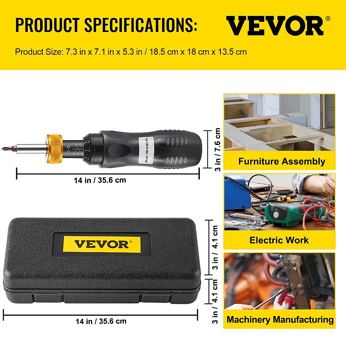 VEVOR Torque Screwdriver, 1/4" Drive Screwdriver Torque Wrench, Torque Screwdriver Electrician 10-50 in/lbs Torque Range Accurate to ±5%, 1/4 to 1/2 Conversion Head with Bits & Case