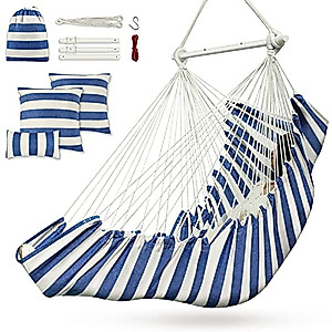 Hammock Chair, Hanging Chair with 3 Cushions and Foot Rest Support, Durable Metal Spreader Bar Max 440 Lbs, Swing Chair for Bedroom, Indoor & Outdoor, Patio, Porch or Tree（Blue and White）