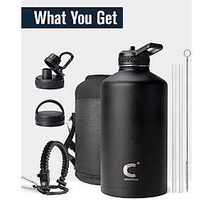 Coolplus Gallon Water Bottle Insulated with Paracord Handle & 3 Lids, 128 oz Insulated Water Jug Large Metal Stainless Steel Leakproof Falsk Cold 48H Hot 24H for Outdoor
