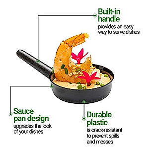 Restaurantware 1 Ounce Disposable Dessert Cups, 100 Mini Sauce Dishes - Sauce Pan Design, Serve Condiments, Snacks or Samples, Black Plastic Small Appetizer Plates, For Parties or Catered Events