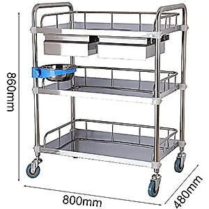Utility Cart Lab Serving Cart, Medical Cart 3-Tier Medical Trolley with Drawers and Dirt Bucket,Assemble Small Surgical Cart for Lab Equipment,Detachable Stainless Cart Load 100 Kg ( Size : Large )