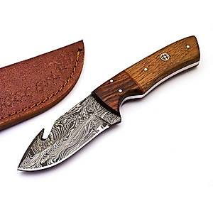 Rare Custom Damascus Fuller Gut Hook Knife Skinning Knife Hunting Knife |Outdoor Knife Camping Knife | Color Wood Handle with Free Genuine Leather Sheath (S-76)