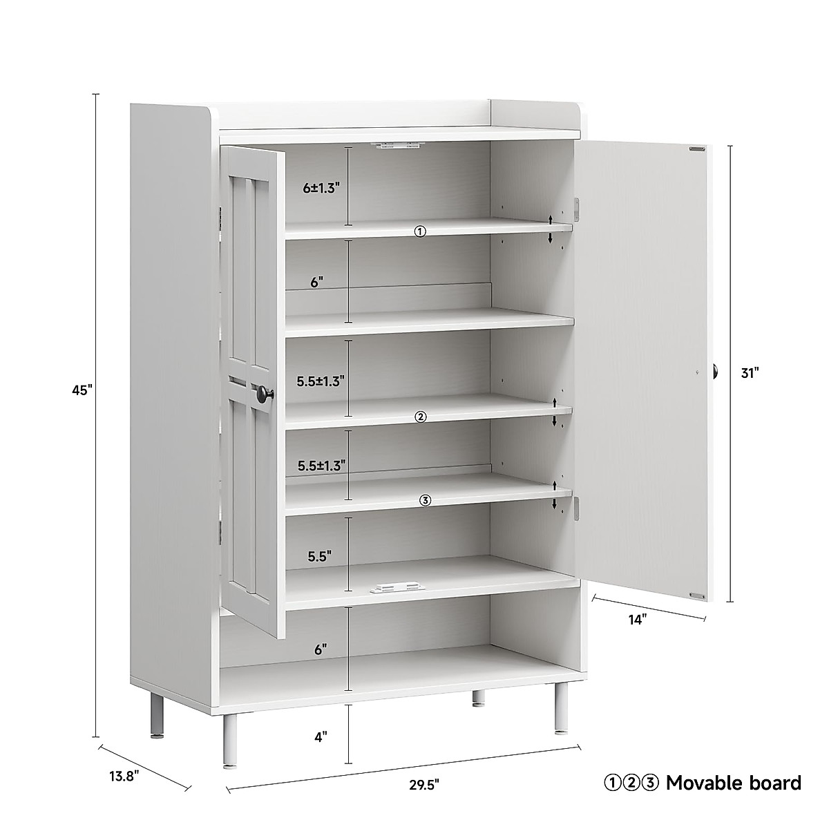 ONBRILL Shoe Cabinet Storage for Entryway, 6-Tier Farmhouse Shoe Storage Cabinet with Cross Molding Doors and 3 Adjustable Shelves, 45'' Tall Shoes Organizer Cabinet for Entryway, Front Door, White