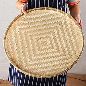 BESTonZON Handmade Bamboo Woven Basket Tray No Hole Bamboo Sieve Basket Wicker Basket for Vegetables Round Flat Shallow Basket Wall Art Ornament for Farmhouse Decor
