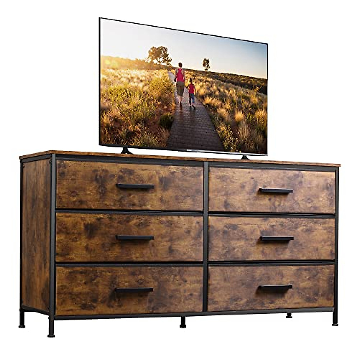 WLIVE Wide Dresser with 6 Drawers, TV Stand for 60" TV, Fabric Double Dresser, Large Storage Tower Unit, Chest of Drawers for Bedroom, Closet, Living Room, Hallway, Nursery, Rustic Brown
