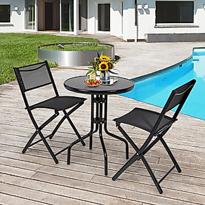 Tangkula 3 Pieces Folding Patio Bistro Set, Outdoor Folding Chairs & Table Set with Tempered Glass Tabletop, Round Table & Foldable Chairs, Outdoor Furniture Set for Garden, Poolside & Backyard