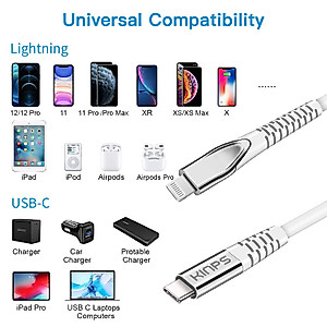 KINPS [MFI Certified 10ft USB C to Lightning Fast Charging Cable 2 Packs Compatible with iPhone 12 Pro Max/12 Mini/12/11 Pro Max/XS, Supports Power Delivery(for Use with Type C Chargers), White Grey