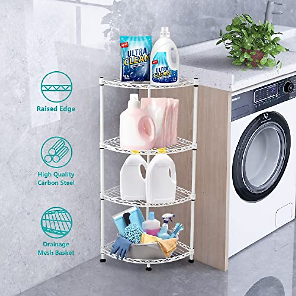 4 Tier Corner Wire Shelving Unit, Adjustable Wire Rack Shelving, Metal Wire Storage Shelves for Kitchen, Pantry, Laundry, Bathroom, Closet (12.6" D x 12.6" W x 32" H, White)