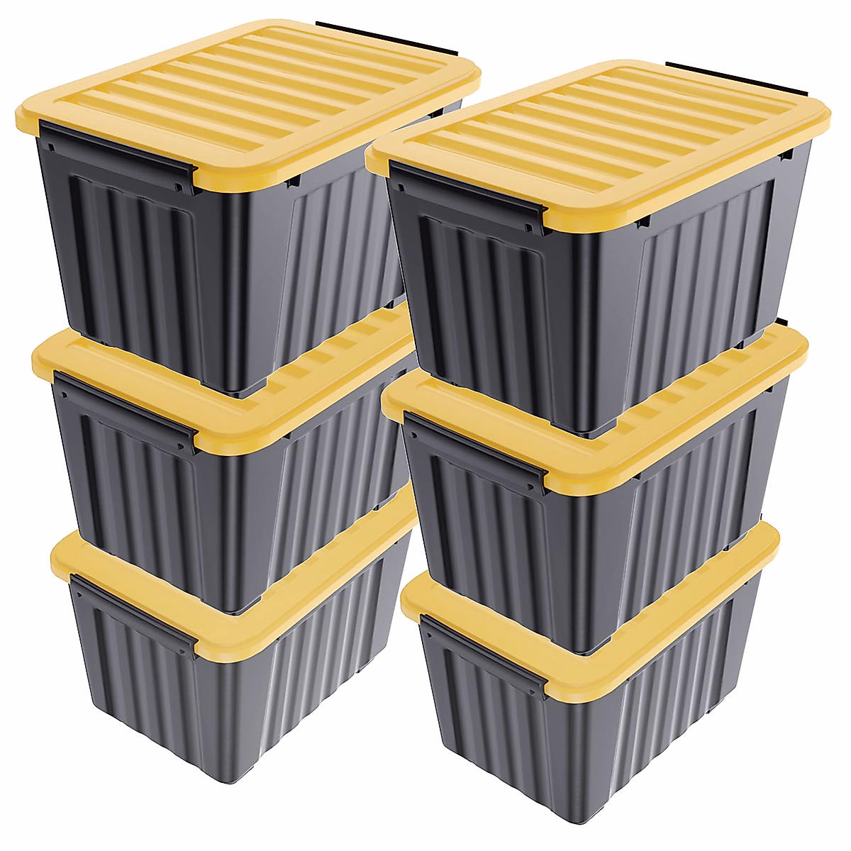 Nazhura 72Quart Plastic Storage Bin, Stackable and Nestable Storage Boxes with White Lids and Secure Latching Buckles, Large Storage Container (Black/Yellow, 72Quart-6Pack)