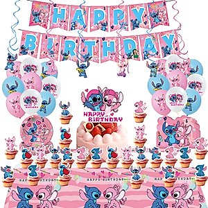 85 Pack Pink lilo Birthday Party Supplies Kids Party Decorations Includes 1 Large Banner 1 Cake Topper 1 Tablecloth 6 Spiral Lifters 10 Invitation Cards 10 Plates 18 Balloons 24 Cupcake Toppers