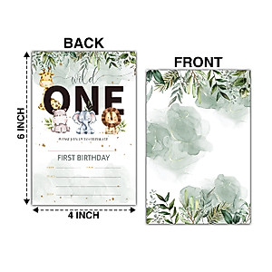 Buildinest Wild One Birthday Party Invitations with Envelopes (20-Pack), 4"x6" Safari Animals 1st Birthday Invitation Cards, Jungle Wild Animals Party Invites-B14