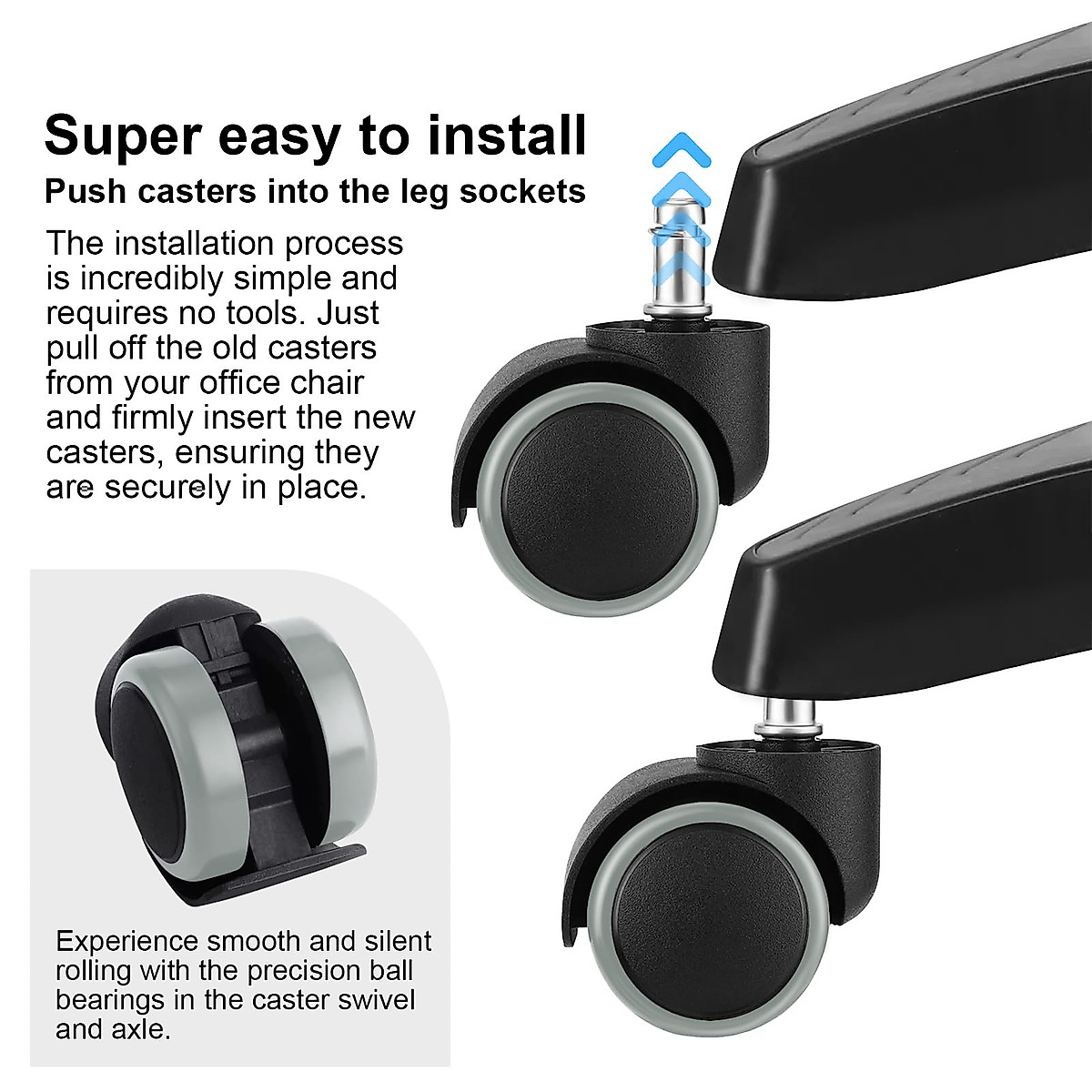 YIOVVOM 5PCS 2 Inch 11mm Universal Standard Size Roller Office Chair Replacement Wheels, Floor Protecting PU Plastic Office Chair Caster Wheels Standard Stem Size - Black/Gray