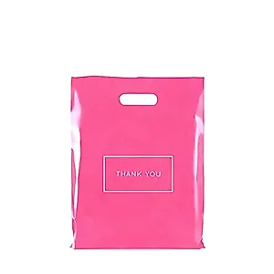 Purple Q Crafts Pink Die Cut Plastic Shopping Bags with Thank You Logo 9" x 12" Boutique Bags with Handles 50 Pack for Merchandise, Gifts, Trade Shows and More