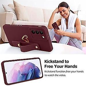 Fiyart Galaxy S21 5G Case - Wine Red, Love Hearts Pattern, Slim Protective Cover with Stand & Wrist Strap