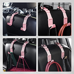 Flymic Adjustable Car Seat Headrest Hook, Universal Car Storage Headrest Hanger Holder Hooks Organizer, Vehicle Strong and Durable Backseat Hanger for Handbag Purse Coat 4 Pack Pink