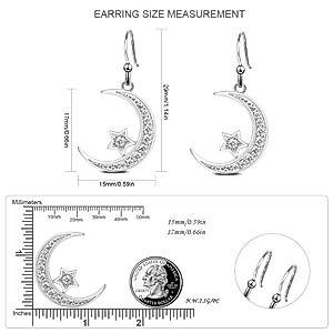 Sterling Silver Round Cubic Zirconia Crescent Moon & Star Dangle Earrings Star Jewelry for Women Mom