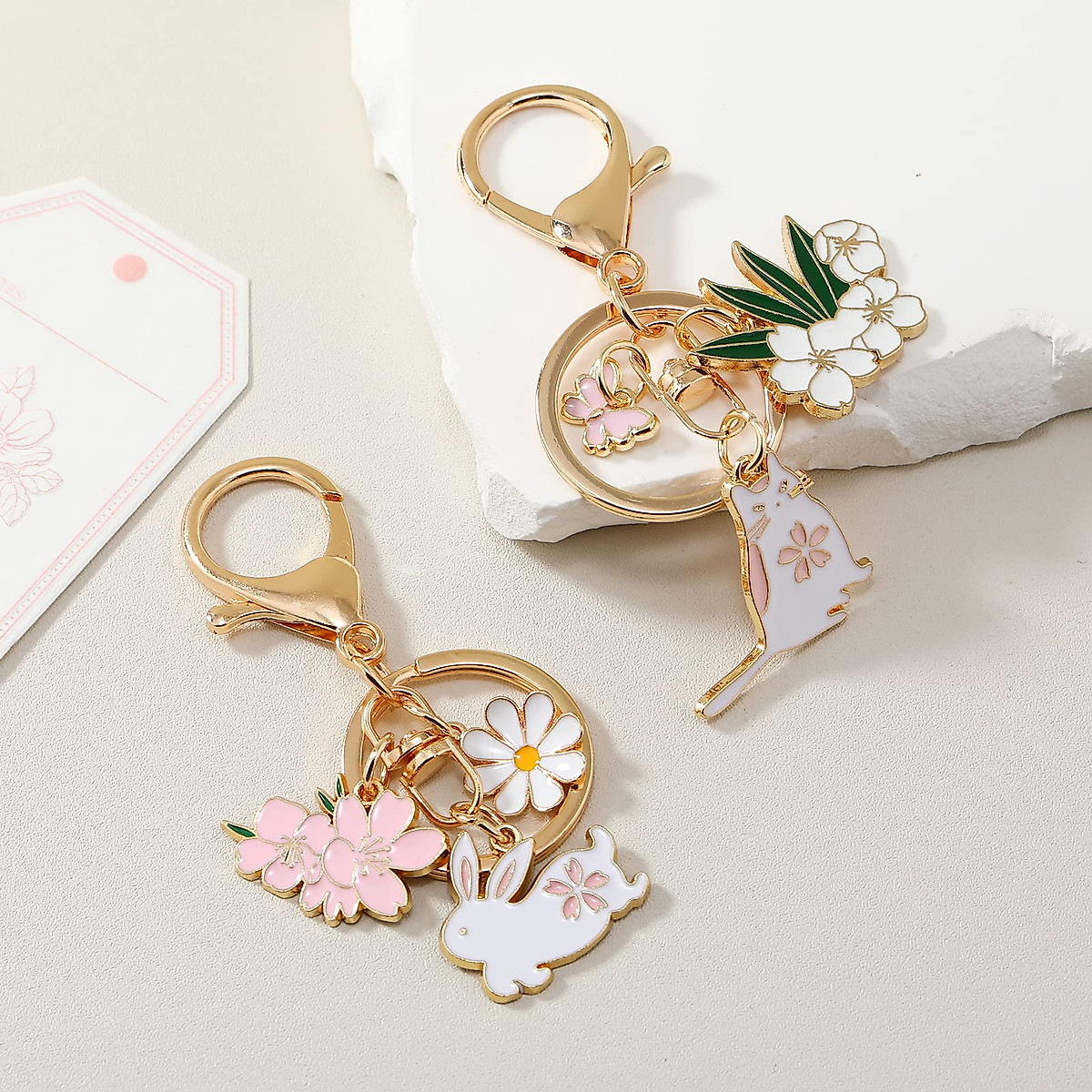 HEYU Cute Keychain for Girls 2PCS Kawaii Aesthetic Accessory Key Chain For Women Cartoon Airpod Backpack Charm Keyring Gifts (Pink Rabbit Cat)