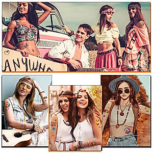 Demissle 280 Pieces Hippie Temporary Tattoos Butterfly Flower Love and Peace Lucky Rainbow Tattoos Groovy Hippie Temporary Fake Tattoos Decor School Rewards for Kids 70s Groovy Party Favors