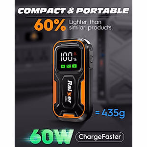 RALXER 1600A Peak 15200mAh Portable Car Jump Starter, Jump Starter Battery Pack (Up to 7.5L Gas or 6.0L Diesel Engine), 12V Battery Jump Starter with Type C-C PD60W (Input/Output) and LED Display