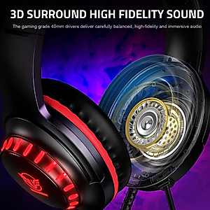 Pacrate Gaming Headset for PS4/PS5/Xbox One/Nintendo Switch/PC, PS4 Headset with Microphone Xbox Headset with LED Lights, Noise Cancelling PS5 Headset for Kids Adults - Red