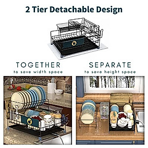 slhsy Removable Design 2 Tier Dish Drying Rack/Strainers with Drainboard, Swivel Spout, Cup & Utensil Holder and Drying Mat for Kitchen Counter, Black