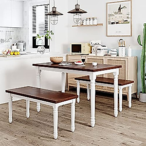 Harper & Bright Designs 3-Piece Retro Farmhouse Dining Set, Wood Kitchen Dining Table Set with 2 Benches, Cherry+White