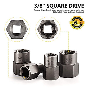 Topec 13+1 Piece Impact Bolt & Nut Remover Set - 3/8" Drive with Nut Extractor Socket, Hex Adapter, and Bolt Remover Tool for Damaged, Rusted, or Rounded-Off Bolts, Nuts, and Screws