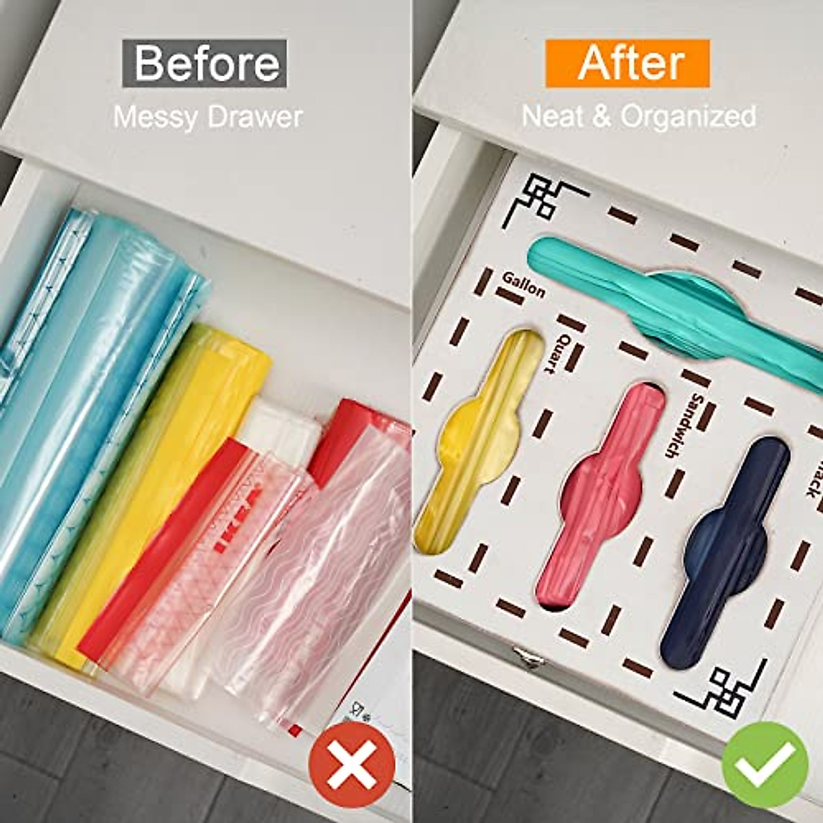 WGFKVAS Ziplock Bag Storage Organizer for Kitchen Drawer, Food Storage Bag Holders, Wood Kitchen Food Baggie Dispenser Box, Compatible with Gallon, Quart, Sandwich and Snack Variety Size Bag
