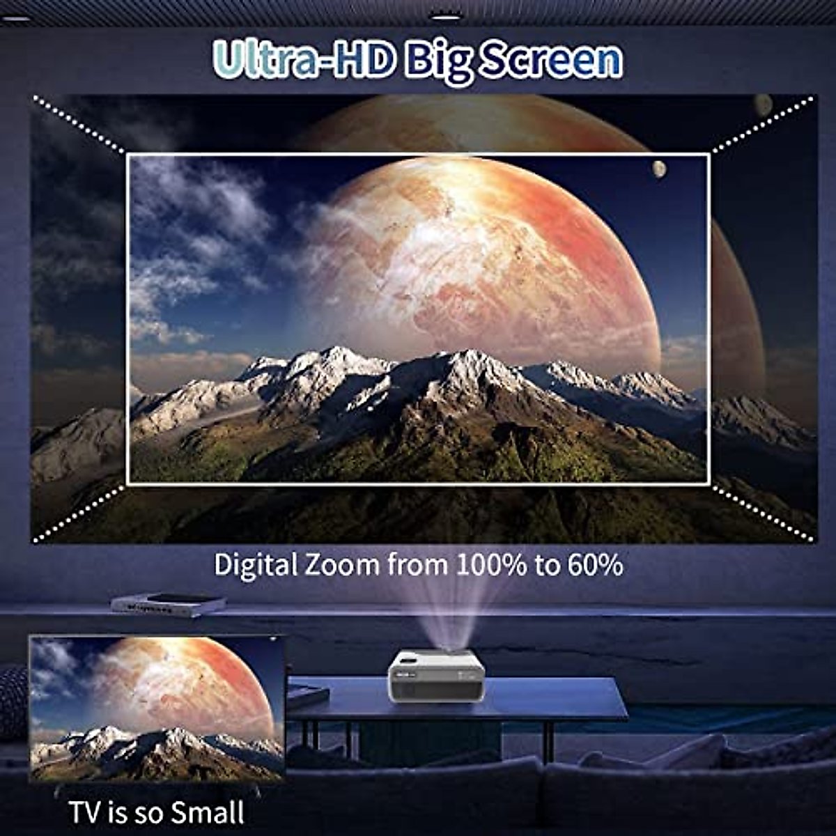 HD Smart Wi-Fi Portable Projector Android 5000+ Apps, 7000Lumen LCD Bluetooth Movie Projectors Home Entertainmen,Compatible with HDMI USB VGA Netflix Prime Video Wireless Cast Smartphone Projector