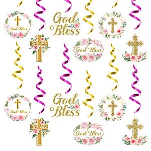 ANGOLIO 30Pcs Pink Floral Cross Hanging Swirls Decorations, Religious Baby Shower Themed Decoration Ceiling Hanging Decor, First Holy Communion Ceremony Party Swirl Hanging Ornaments