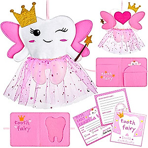 Breling Tooth Pillow Kit for Girls Teeth Gifts Pillow with Pocket Including Lost Teeth Holder Cute Dear Tooth Notepad Felt Keepsake Wallet Pouch to Hold Card Photography for Kids (Pink)