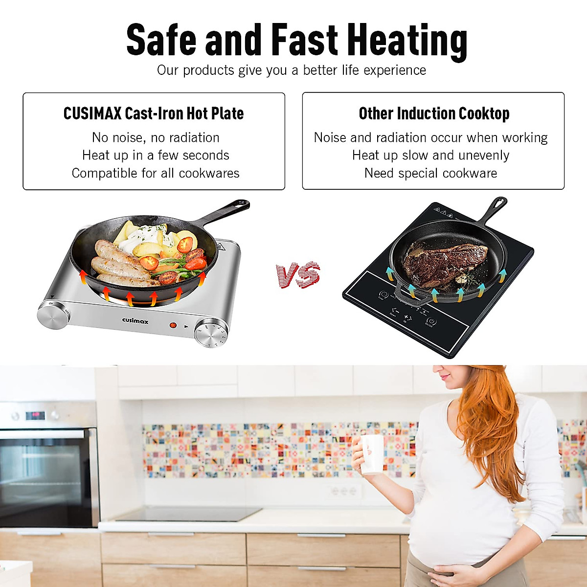 Cusimax Hot Plate Electric Burner Single Burner Cast Iron hot plates for cooking Portable Burner 1500W with Adjustable Temperature Control Stainless Steel Non-Slip Rubber Feet, Upgraded Version