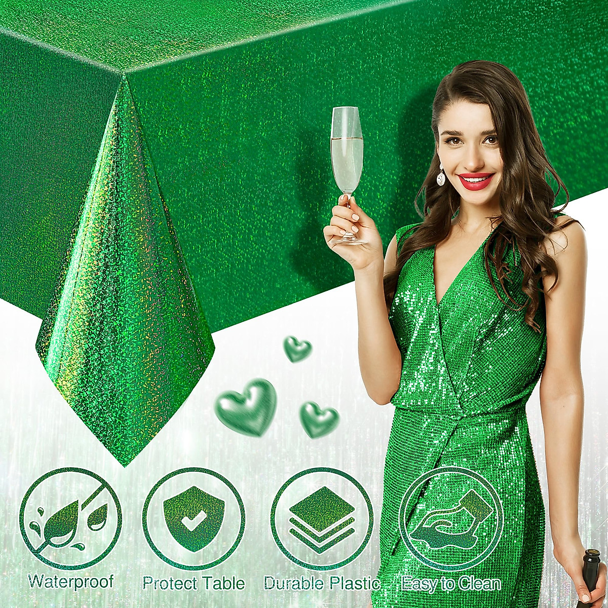 2 Pcs Dark Green Holographic Foil Tablecloths - 54x108 Durable Table Cover with a Magical Shimmer, Simplistic Luxury for Parties, Weddings, and Showers, Add a Sparkling Touch to Your Special Events