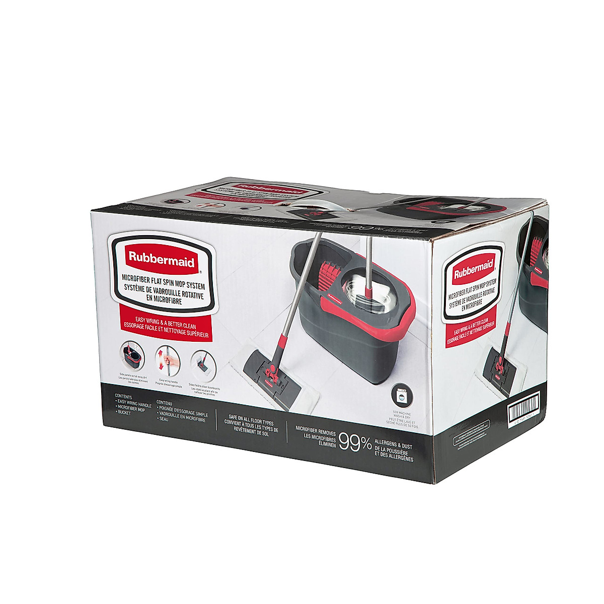 Rubbermaid Microfiber Flat Spin Mop Floor Cleaning System with Wringer Bucket, Red, Flat Floor Mop for Hardwood/Laminate/Vinyl/Tile/Stone Floors