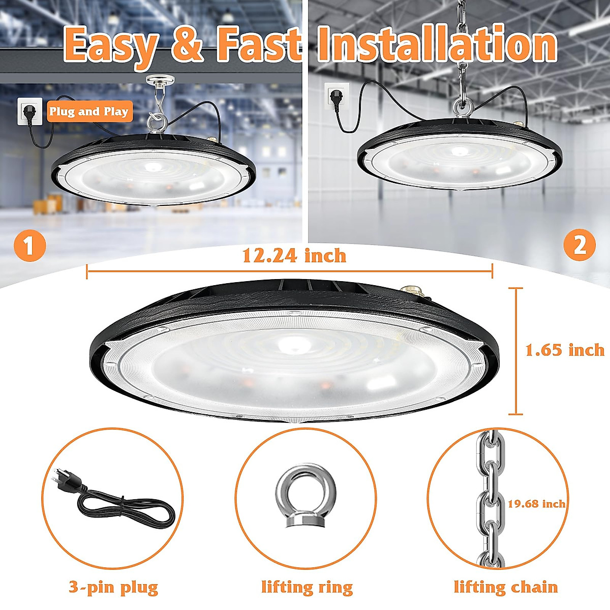 Flyship UFO LED High Bay Light, 150W High Bay LED Shop Lights 21000LM 5000K, UFO LED High Bay Light for Garage Warehouse Workshop Factory Gym Barn, 5Ft Power Cord, IP65 Waterproof, 4 Pack