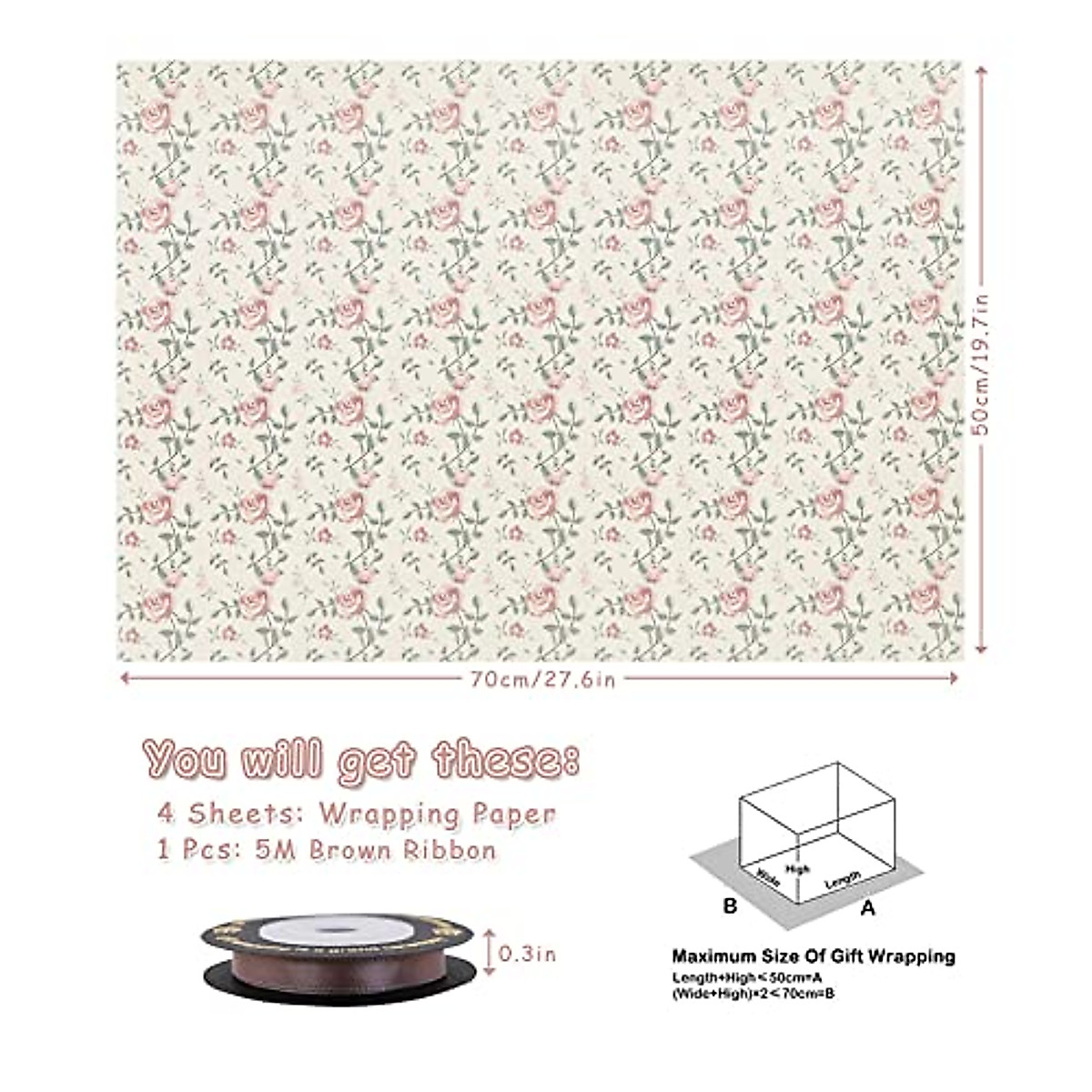 Rose Design Wrapping Paper,White Kraft Gift Wrapping Paper,4 Folded Sheets Bridal Shower Wedding Wrapping Paper with String for Women Mother's Day Birthday Anniversary Girl Gifts Wrap Paper,28*20 Inch