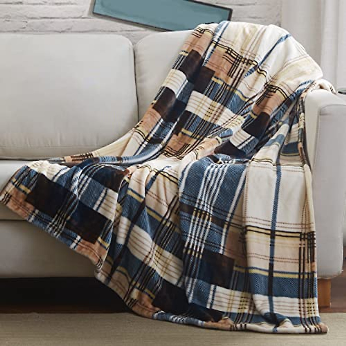 Tache Winter Cabin Blue Tan Farmhouse Super Soft Micro Fleece Tartan Plaid Plush Lightweight Dual-Sided Decorative Couch, Sofa, Travel, Lap, Bed Throw Blanket, 50x60