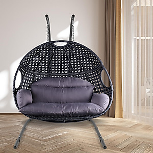 JESE Double Swing Egg Chair with Stand Indoor Outdoor,UV Resistant Cushion 2 People Hanging Anti-Rust Wicker Rattan Frame 530 lbs Capacity Oversized Hammock for Patio Bedroom Balcony，Black