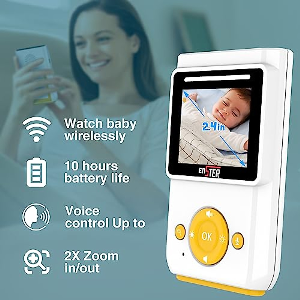 ENSTER Baby Monitor Video with Camera and Audio, 2.4'' LCD Screen, Color Night Vision, 2-Way Talk, VOX, 960ft Range, Temperature Display, 2X Zoom, Lullabies, Feeding Alarm
