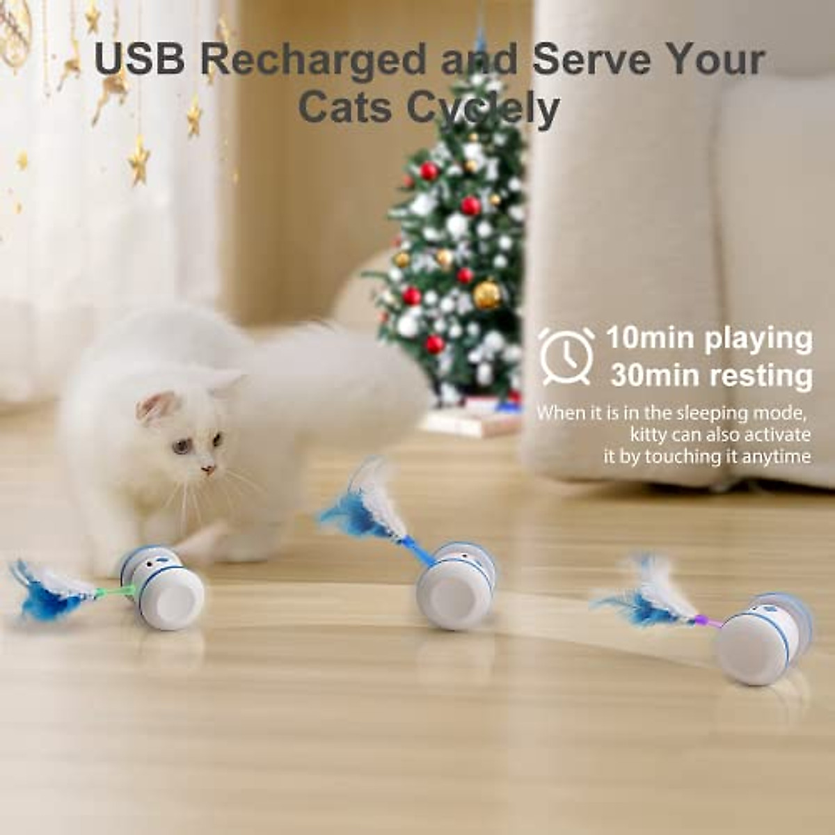 LiieyPet Cat Toys for Indoor Cats Interactive Cat Toy with 3 Feathers, Automatic Cat Toys with LED Lights, USB Rechargeable Cat Toys, Electronic Cat Toy, 360° Rotating, Cat Exercise Toy
