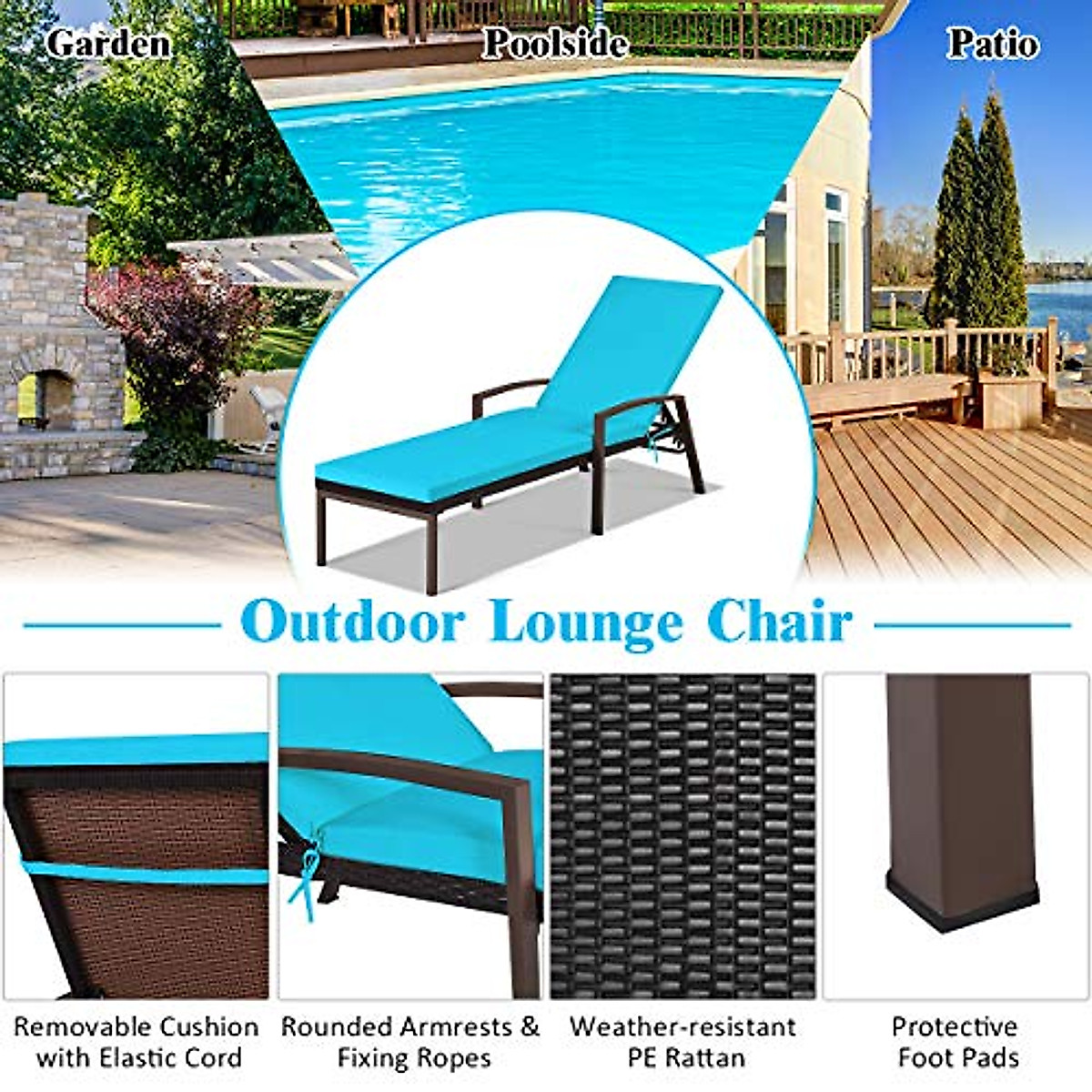 Tangkula 2 PCS Patio Rattan Chaise Lounge Chair, Outdoor Reclining Chaise with Cushion and Armrest, Wicker Sun Lounger with Adjustable Backrest for Garden, Balcony, Poolside (Turquoise)